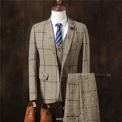 Spring oh new leisure slim suit suit three-piece mens plaid