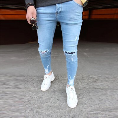 Men Sretchy Ripped Skinny Biker Pure Color Scratched Jeans D