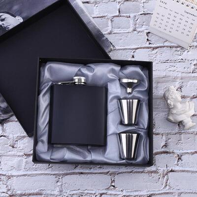 Black Portable Stainless Steel Flask +Wine Cups Gift Box Set