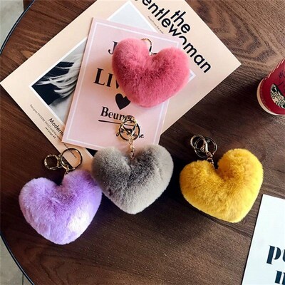 New Heart Plush Hair Ball Keychain Women Leopard Pompom Love