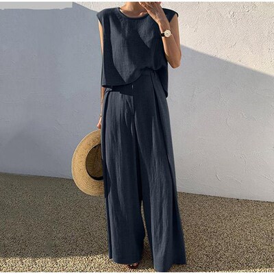 Women Cotton Linen Suits Vintage O-Neck Sleeveless Tank Top