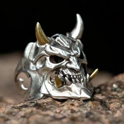 Vintage Mens Demon Anger Skull Rings for Men Gothic Punk Ske