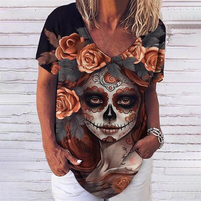 Summer 2023 New 3D Horror Skull Print Womens V-neck Top