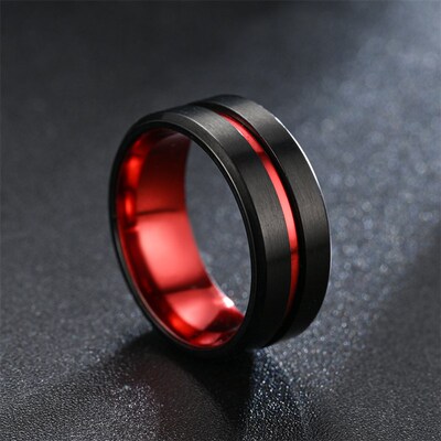 Fashion 8mm Red Groove Beveled Edge Black Tungsten Wedding