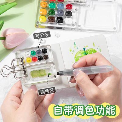 Watercolor paints, acrylic box, color mixing small drawing