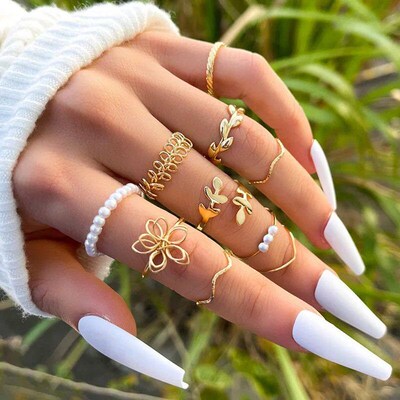 10Pcs Fashion Bohemian Hollow Flower Knuckle Ring Set For Wo