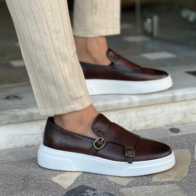 New Brown Mens Vulcanize Shoes Double Buckle Monk Shoes Bla