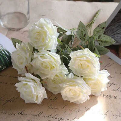 1 Bouquet 9 Heads Artificial Diamond Rose Wedding Table Whit
