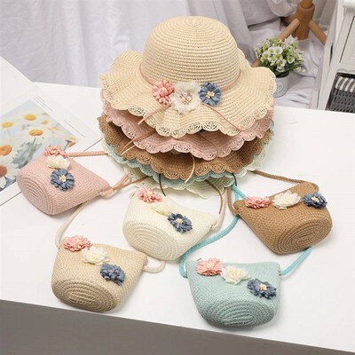 Kids Girls Large Wide Flower Straw Woven Sun Protection Beac