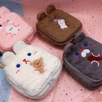 Winter Cartoon Plush Square Makeup Bag for Girls Large Capac