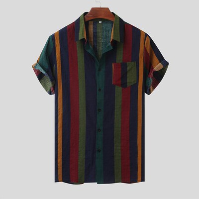 Hawaii Men Shirt Blouse Multicolor Stripes Loose Short Sleev