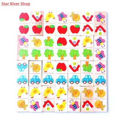 28pcs Wooden Domino Fruit Animal Recognize Blocks Dominoes G