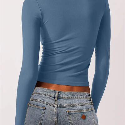 Women Square Neck Long Sleeve Crop Top Double Lined Basic Te