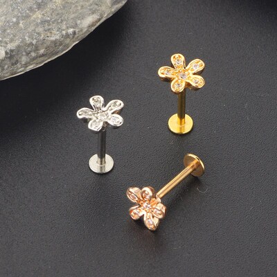 Crystal Flower Tragus Piercing Earring Flat 16G Cross Cartil