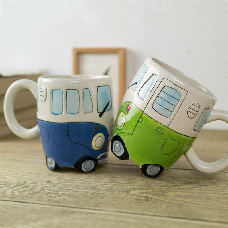 400ml Creative Hand Painting Double Bus Mugs Retro Ceramic C