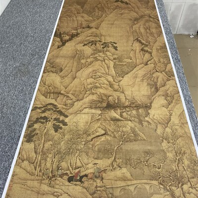 仇英 雪栈图绢本设色 仿古名家工笔山水人物立轴中堂装饰画微喷