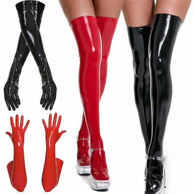 Women PU Leather Wetlook Shiny High Stockings Mittens Long L
