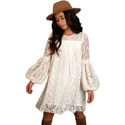 Girls Lace Long Sleeve Pink White Dress Baby Kids Bohemia El