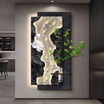 水培绿植玄关装画饰画九图走发鱼廊带灯立体SQS挂竖版光灯画代工
