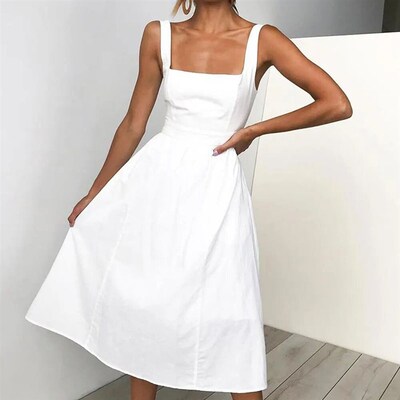 Casual Simple Solid Sundress Women High Waist Sleeveless Sla