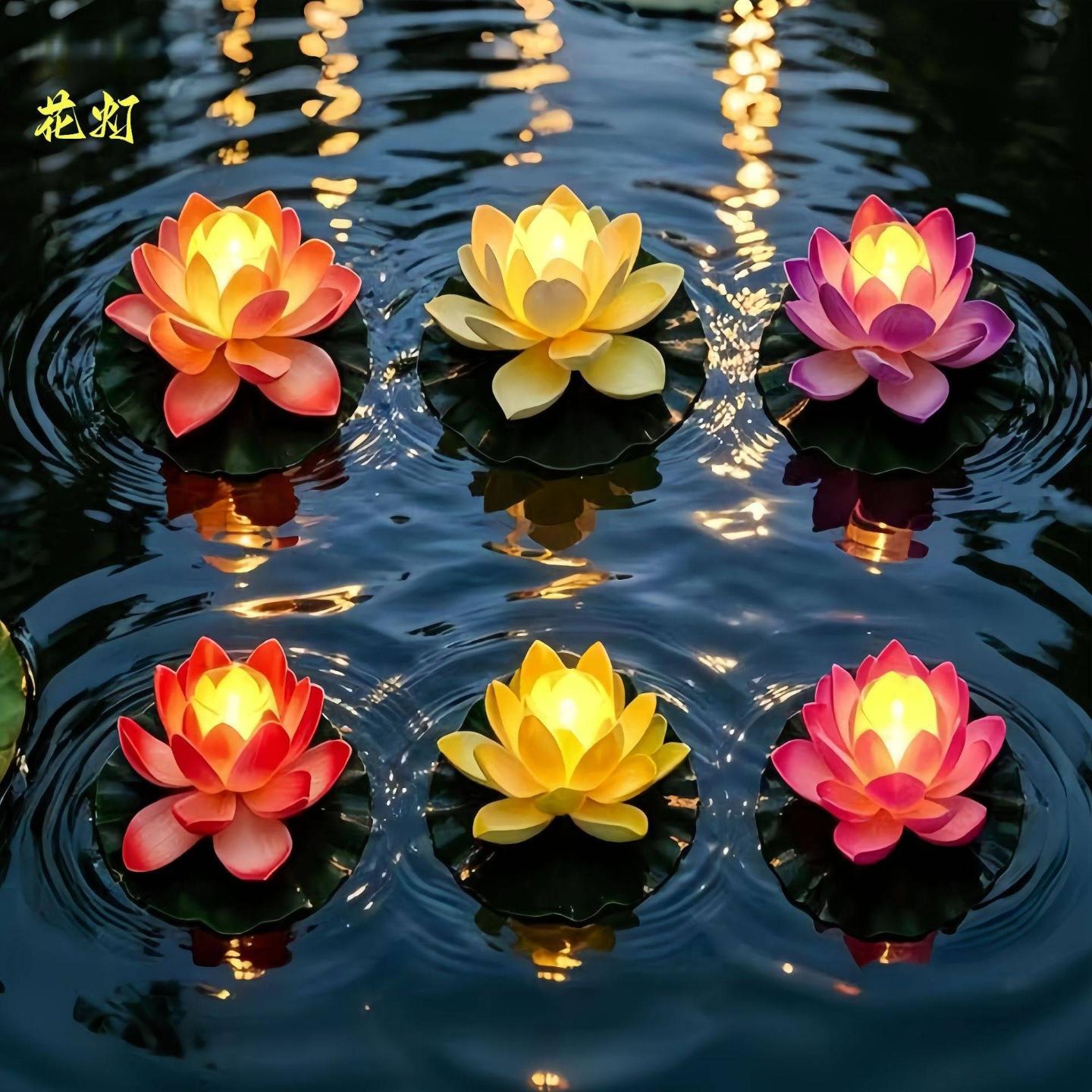 新款防风罩荷花莲花灯祈福许愿花灯电池蜡烛两用水池装饰河灯