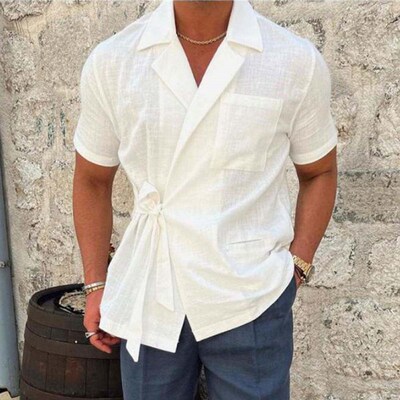Summer Solid Color Linen Short-sleeved Shirt Suit Lapel Stra