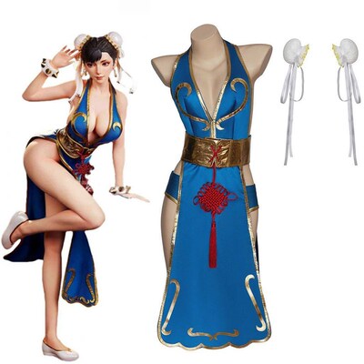 Games Chun Li Cosplay Costume Blue Cheongsam Outfit