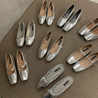 Bailamos Women Fashing Silver Flats Ballerina Shoes Round To