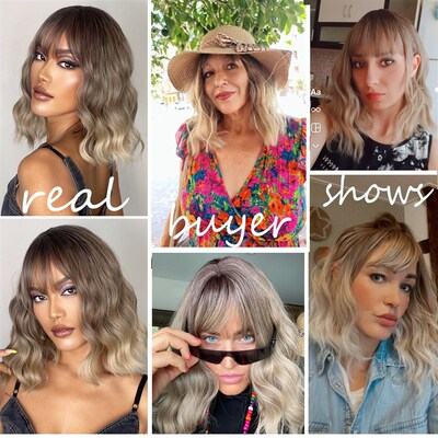 Short Curly Ash Brown Bob Synthetic Wigs With Bangs Black Gr