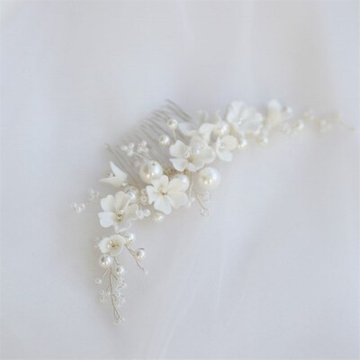 White Porcelain Flower Bridal Comb Hair Piece Pearls Wedding