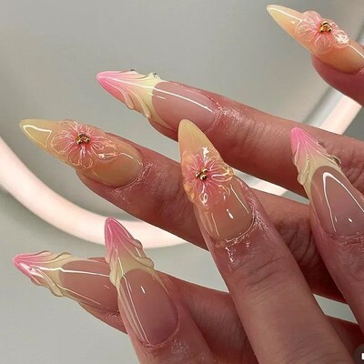 24pcs Almond Press on Nails Flower False Nails Wearable Stic