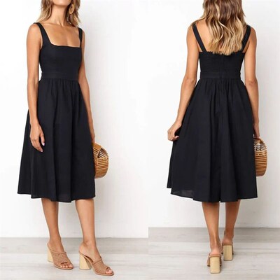 Casual Simple Solid Sundress Women High Waist Sleeveless Sla