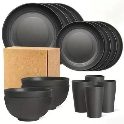 NEW 16-piece Set of Bowls, Cups and Plates, Pure Black Table