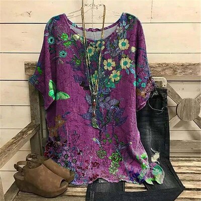 2023 New Round Collar Flower Printing Top Retro Pullover Sum