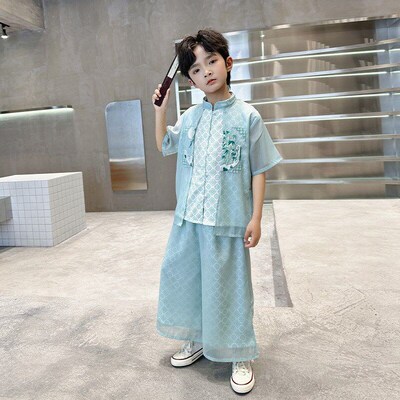 Chinese Style Hanfu Short Sleeved Embroidered Kids Outfit Bo