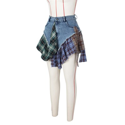 Plaid Patchwork Denim Shorts Women Summer Button Fly Slim As
