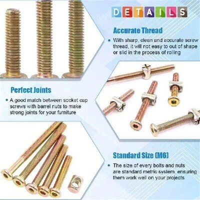 100Pcs M6x40/50/60/70/80mm Zinc Plated Hex Socket Head Cap