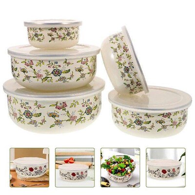 5 Pcs Enamel Bowl Fruit Large with Lid Serving Bowls Set