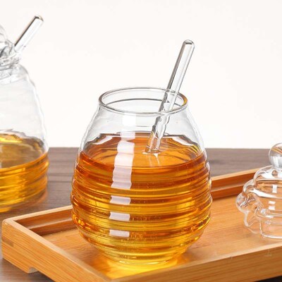 Clear glass honey jar with lid glass stirring stick Honey ja