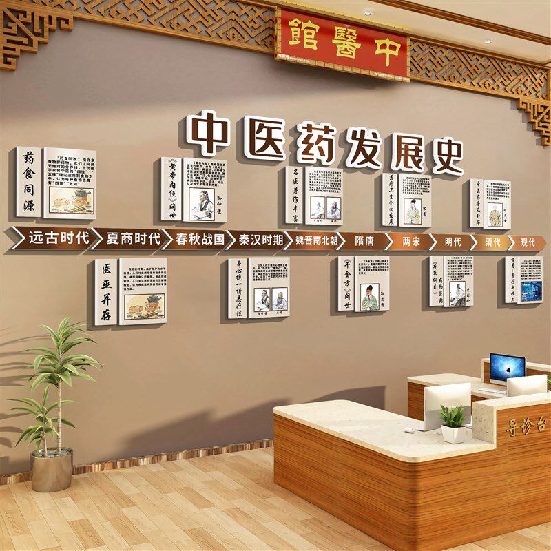 养生中医馆墙面装饰软装挂画中草药材文化背景形象墙氛围布置墙贴