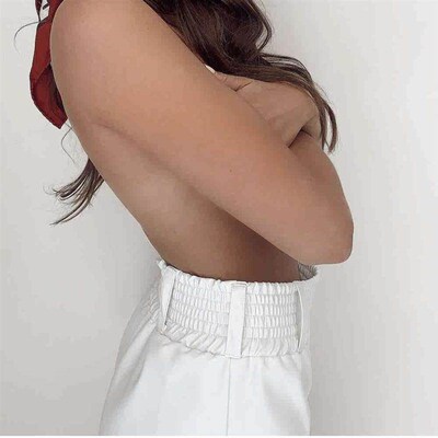 Elastc Hgh Wast Whte PU Shorts Women Loose Faux Leather