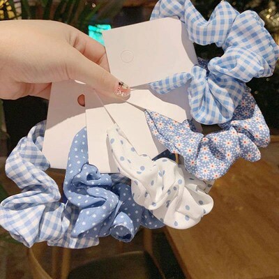 Korea Women Hair Scrunchie Blue Plaid Dot Elastic Hair Bands