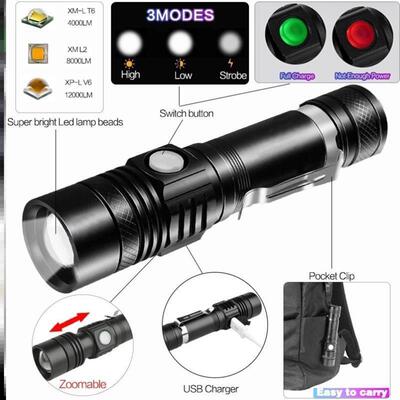 5000LM Led flashlight USB torch Zoomable 18650 Bicycle Light
