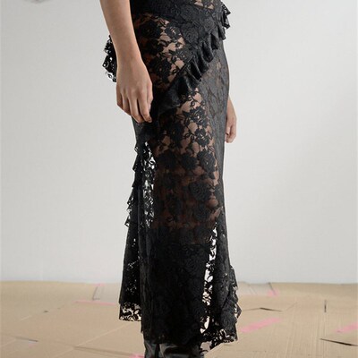 Tossy Lace Ruffled See-Through Maxi Skirt Women Slim Patchwo
