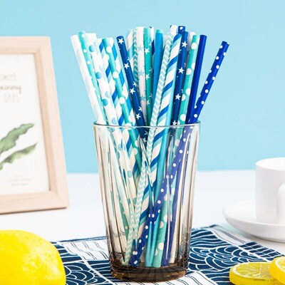 25/50pcs Disposable Paper Straws  Degradable Paper Blue Seri