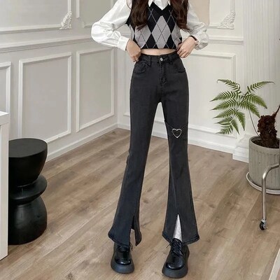 MEXZT Vintage Jeans Women Setwear High Waist Slit Denim Flar