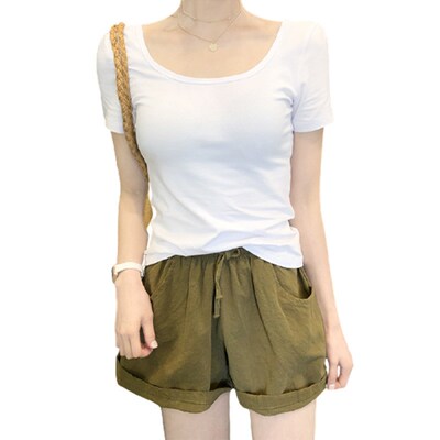 White ort-sleeved T-irt Womens Summer Solid Color Slim-fit