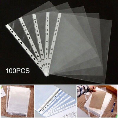 100Pcs A4 Transparent Folder Bag Plastic Punched Pockets