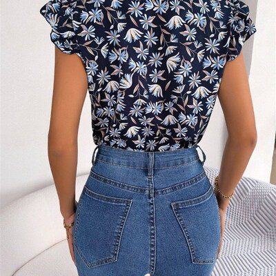 Women Casual Floral Print Bow Ruffles Chiffon Blouse Summer