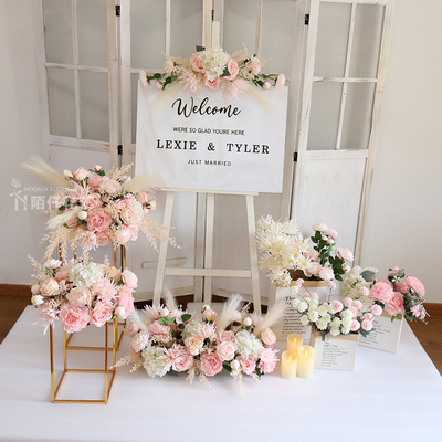 天蓝色粉色花艺装花球水牌纸袋S店车展活动策划布置道